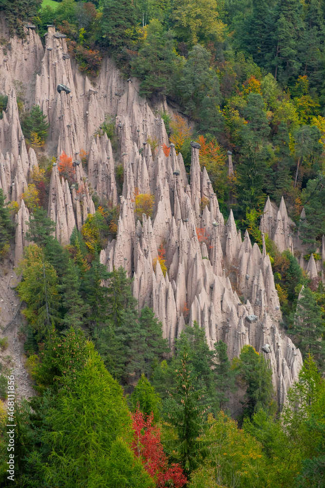 Earth pyramids are a special natural formation in the Dolomites, in the ...
