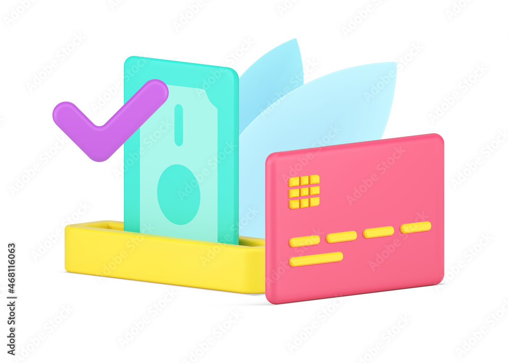 Accepted cash payment or credit card with approval green checkmark 3d ...
