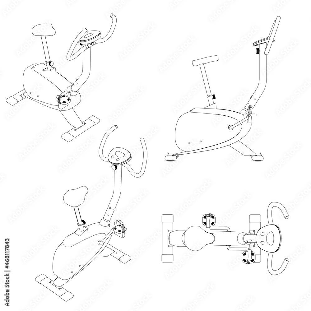 Set with contours of an exercise bike with different views from black ...