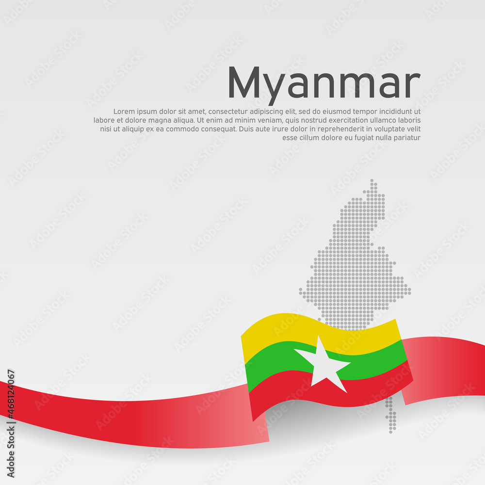 Myanmar flag, mosaic map on white background. Wavy ribbon with the ...