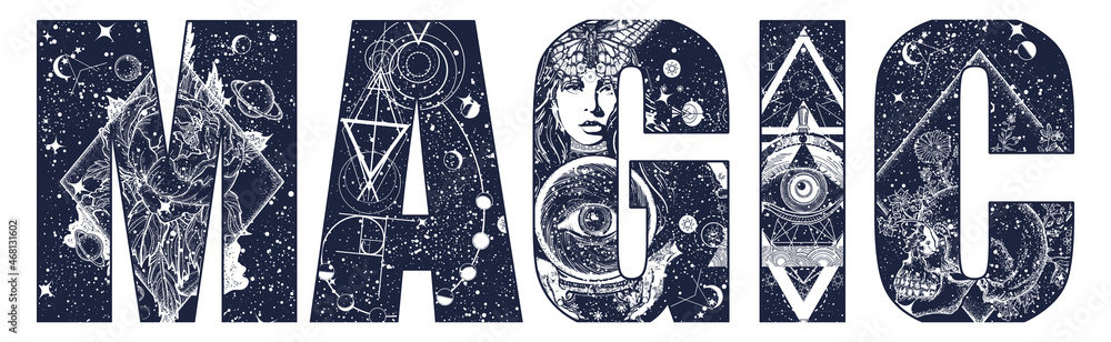 Magic slogan. Lettering art. Witch woman, skull and rose. Fortune ...