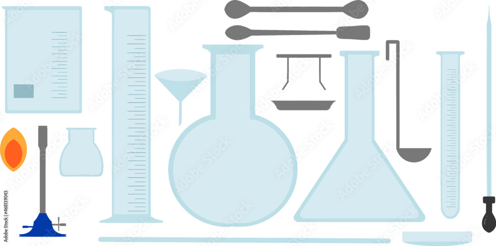 Chemistry apparatus including various types of beakers, test tube, lab ...