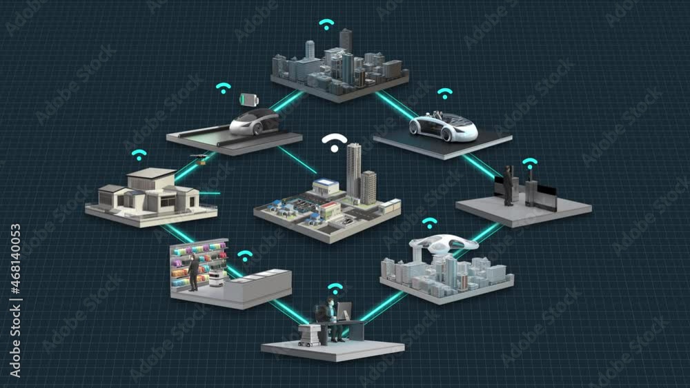 Smart city concept square diagram. Describe smart stores, drone ...