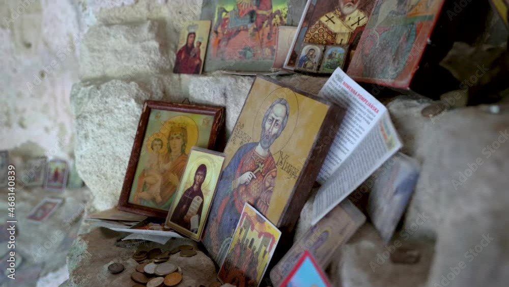 Offerings left by visitors in Aladzha Orthodox Monastery cave monastery ...