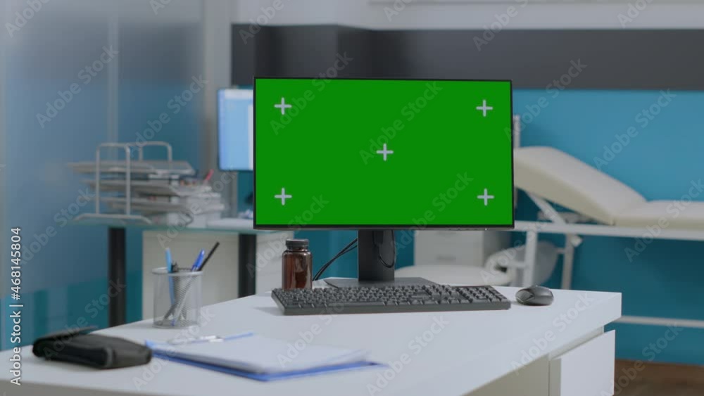 Empty hospital office equipped with mock up green screen chroma key ...