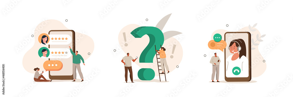 Customer support illustration set. Characters asking a questions ...