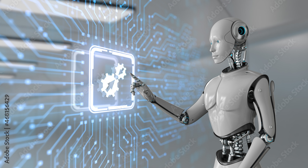 Data integration concept. Robot pressing button on screen 3d render ...