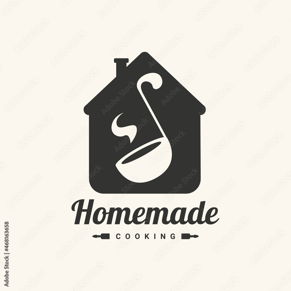 Homemade Cooking logo with house and the ladle. Vector illustration ...