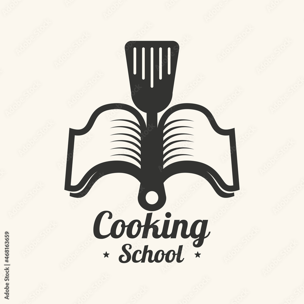 Cooking school logo with recipe book. Vector illustration logotype for ...