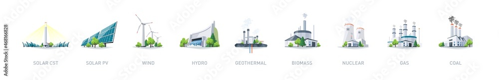 Electricity generation source types. Energy mix solar, water, fossil ...