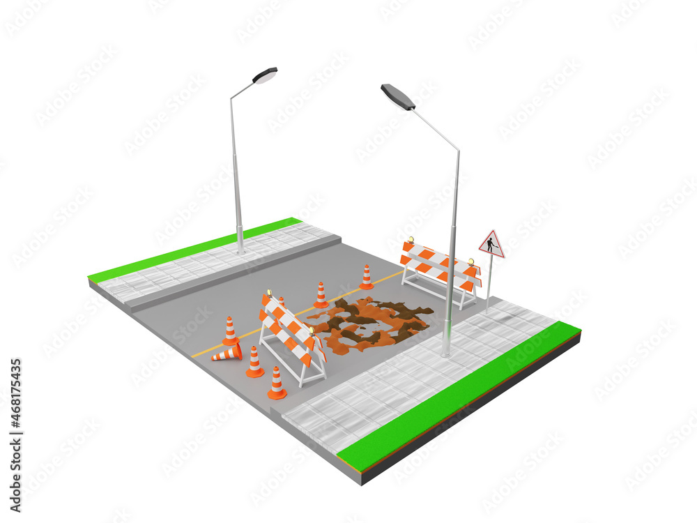 Damaged roads and road repairs under construction road signs ...