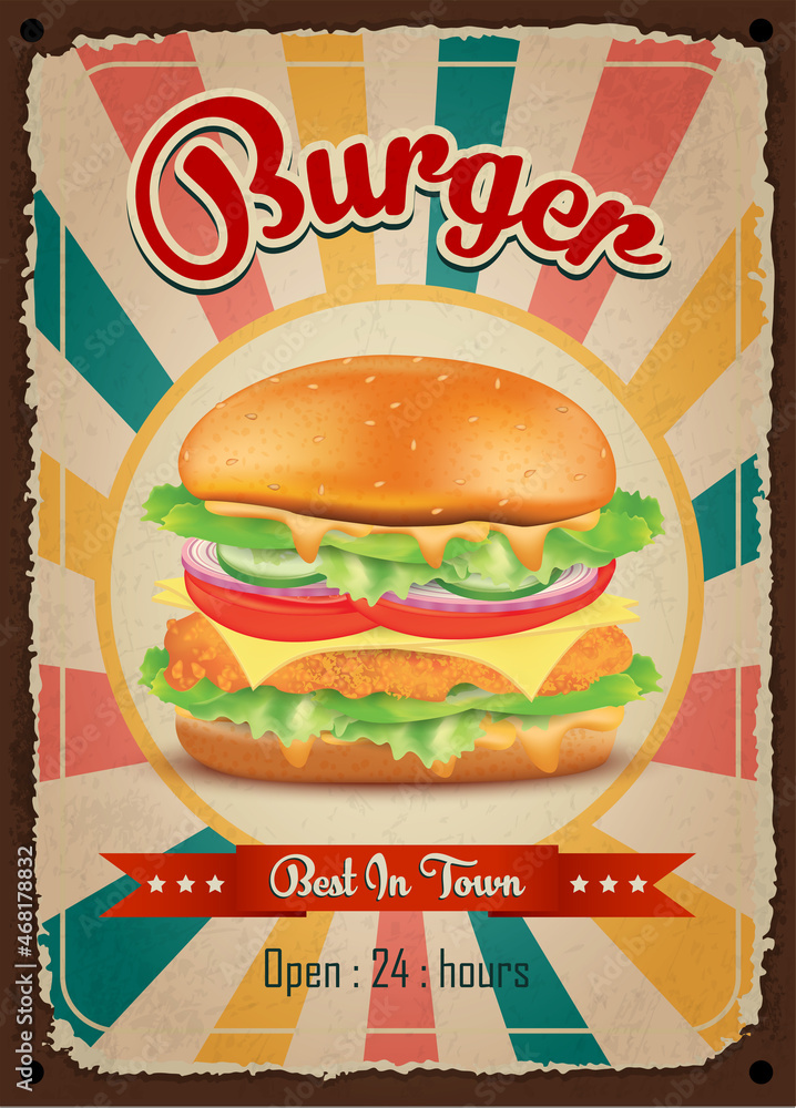 Burgers vintage restaurant sign. Fast food vintage poster. Retro design ...