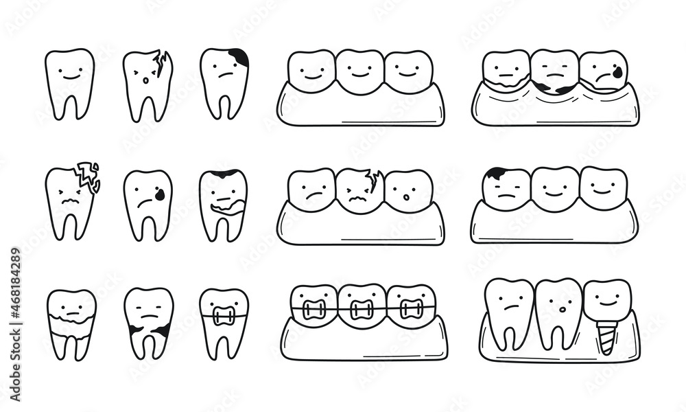 Set of teeth with emotions on the face. Dental problems in characters ...