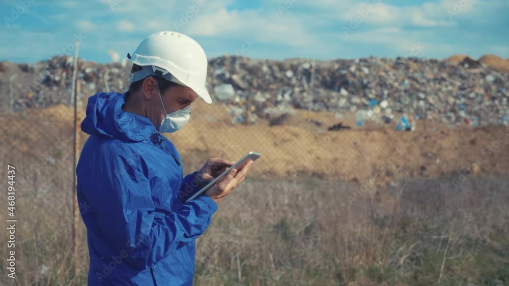 environmental pollution. man chemist scientist in a respirator mask ...