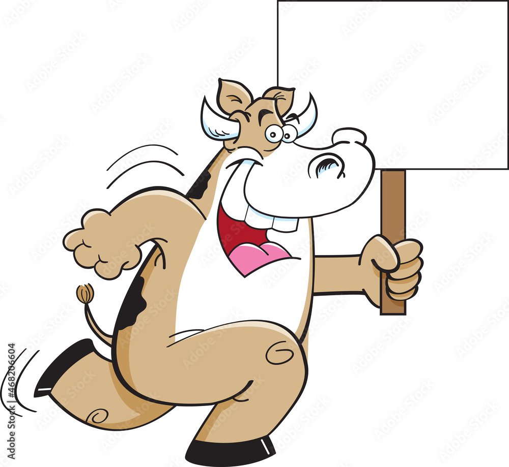 Cartoon illustration of a happy cow running while holding a sign. Stock ...