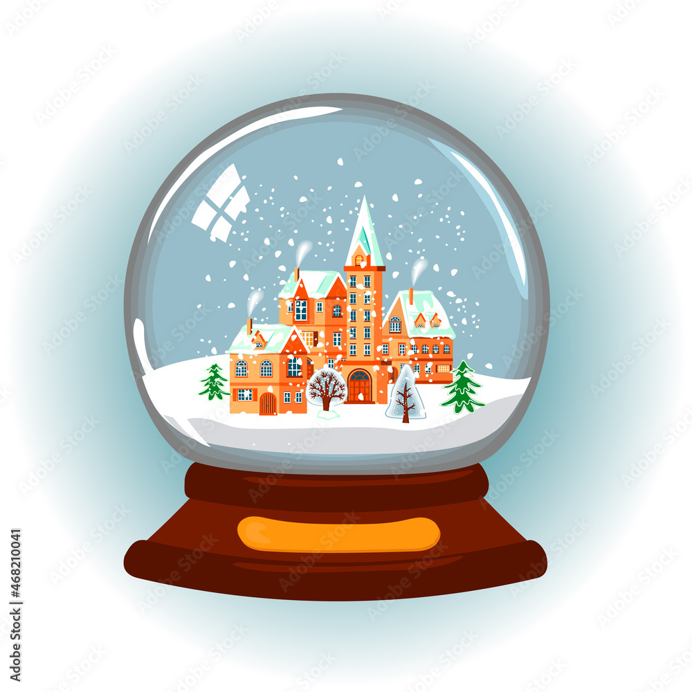 Merry christmas snow globe with houses and trees on snowfall winter ...