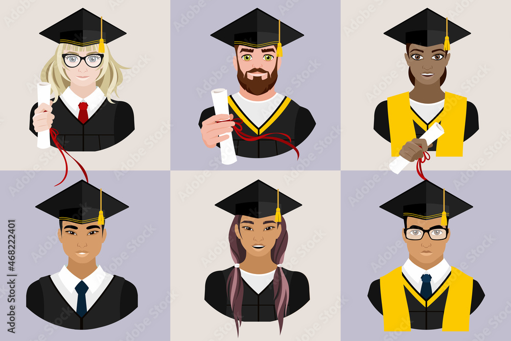Avatars of men and women in graduation caps and suits. Some of them are ...