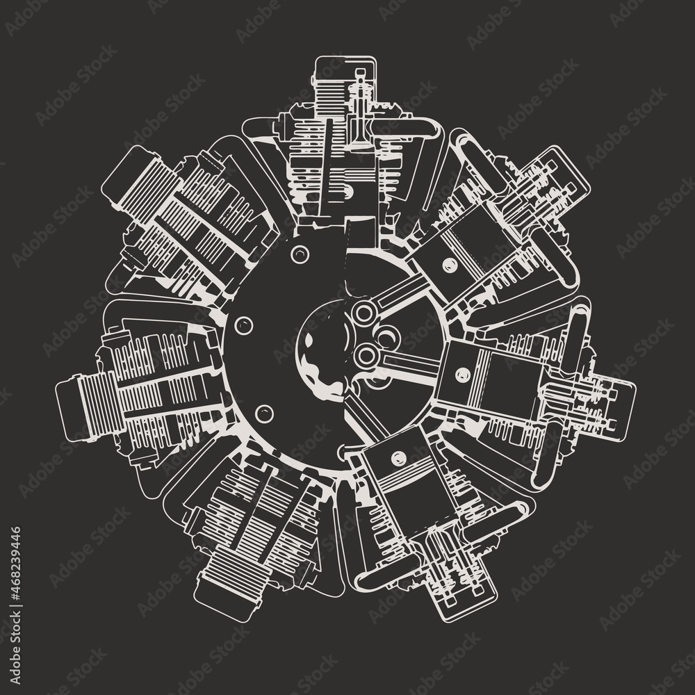 Sectional Drawing of an Airplane Radial Engine. Outline Style ...