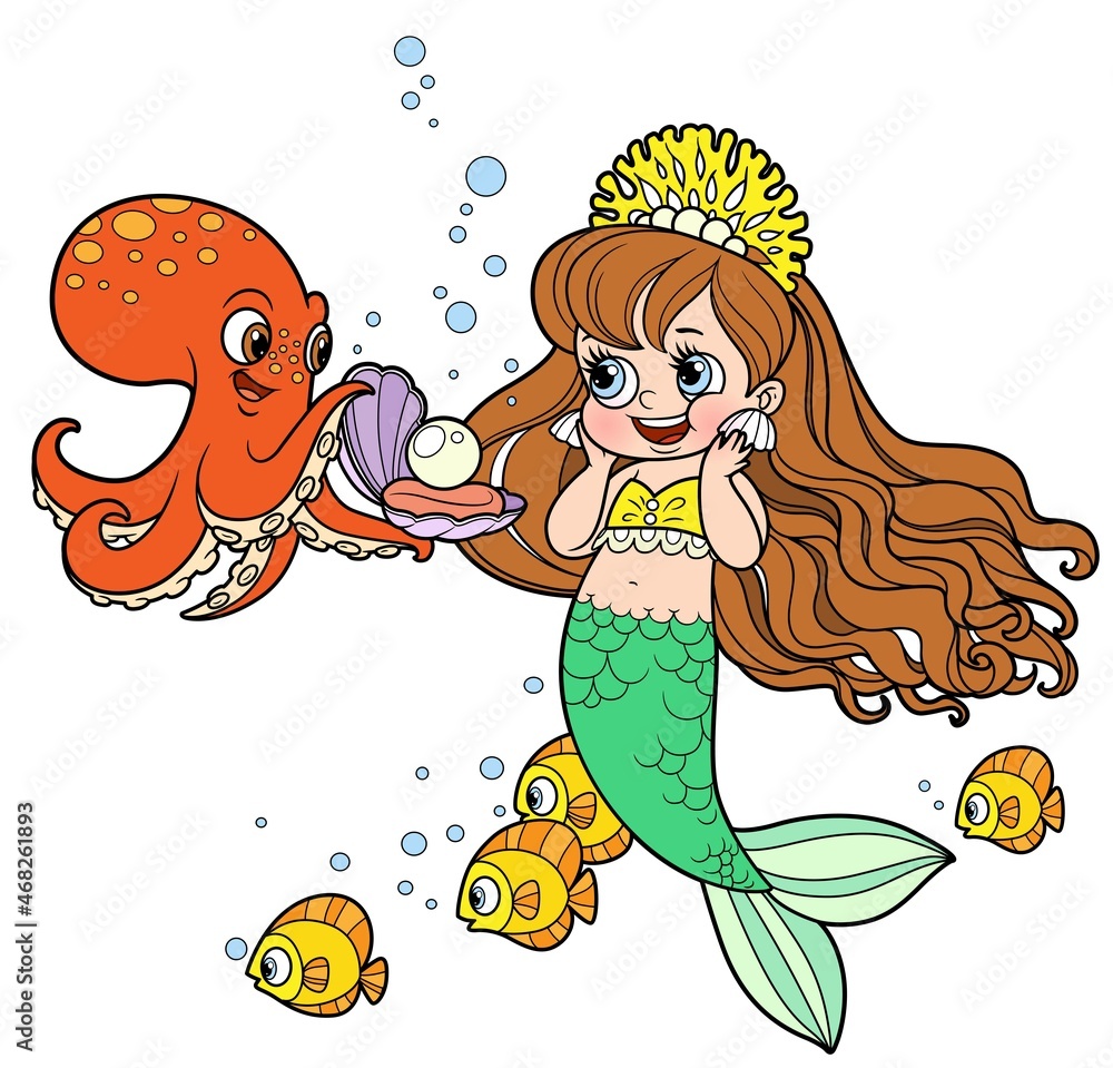 Cartoon gallant octopus gives the mermaid princess a pearl in the shell ...