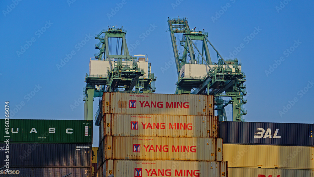 San Pedro, California USA - November 7, 2021: Shipping containers ...