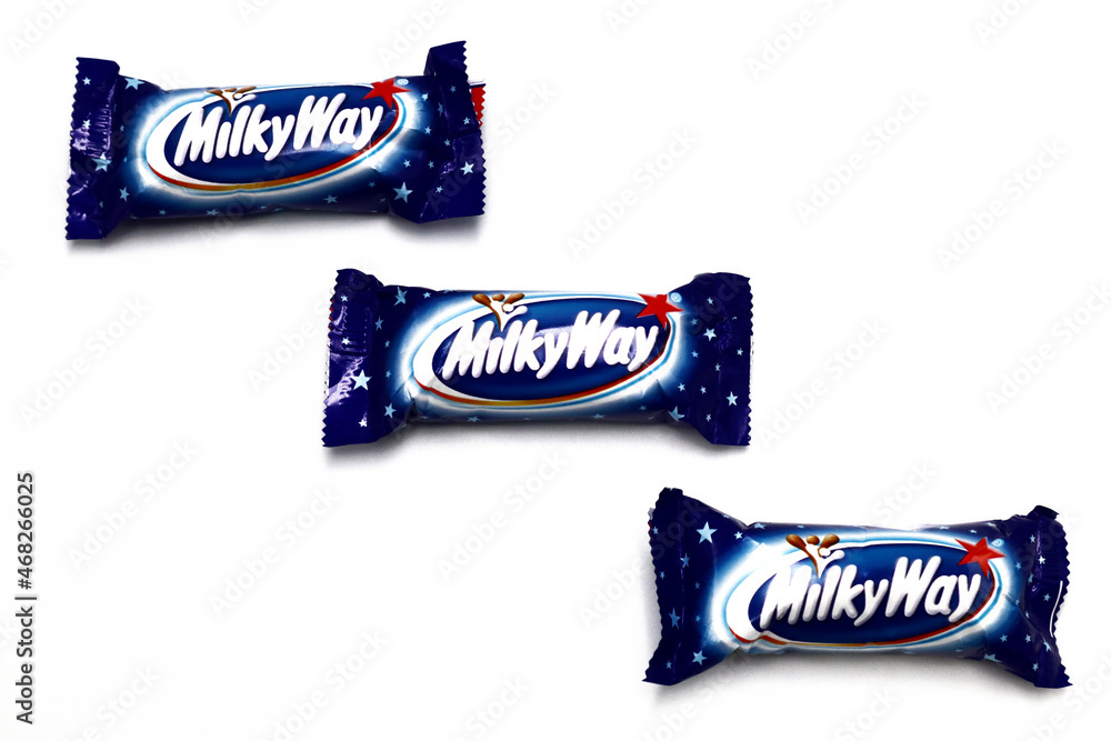 MILKY WAY chocolate bars isolated on white background. Milky Way is a ...
