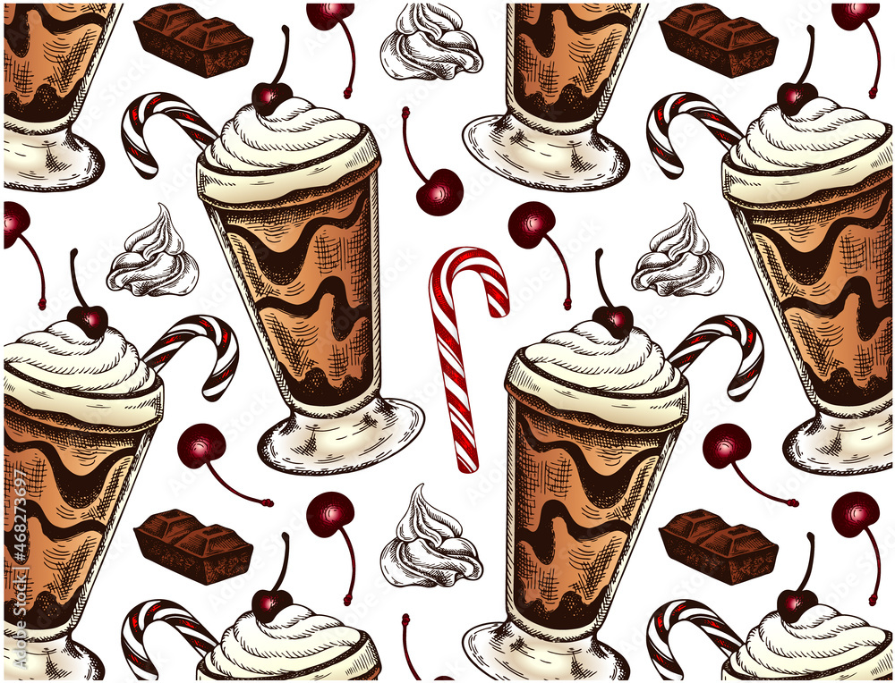 Sketch hand drawn pattern of milk chocolate cocktail with whipped cream ...