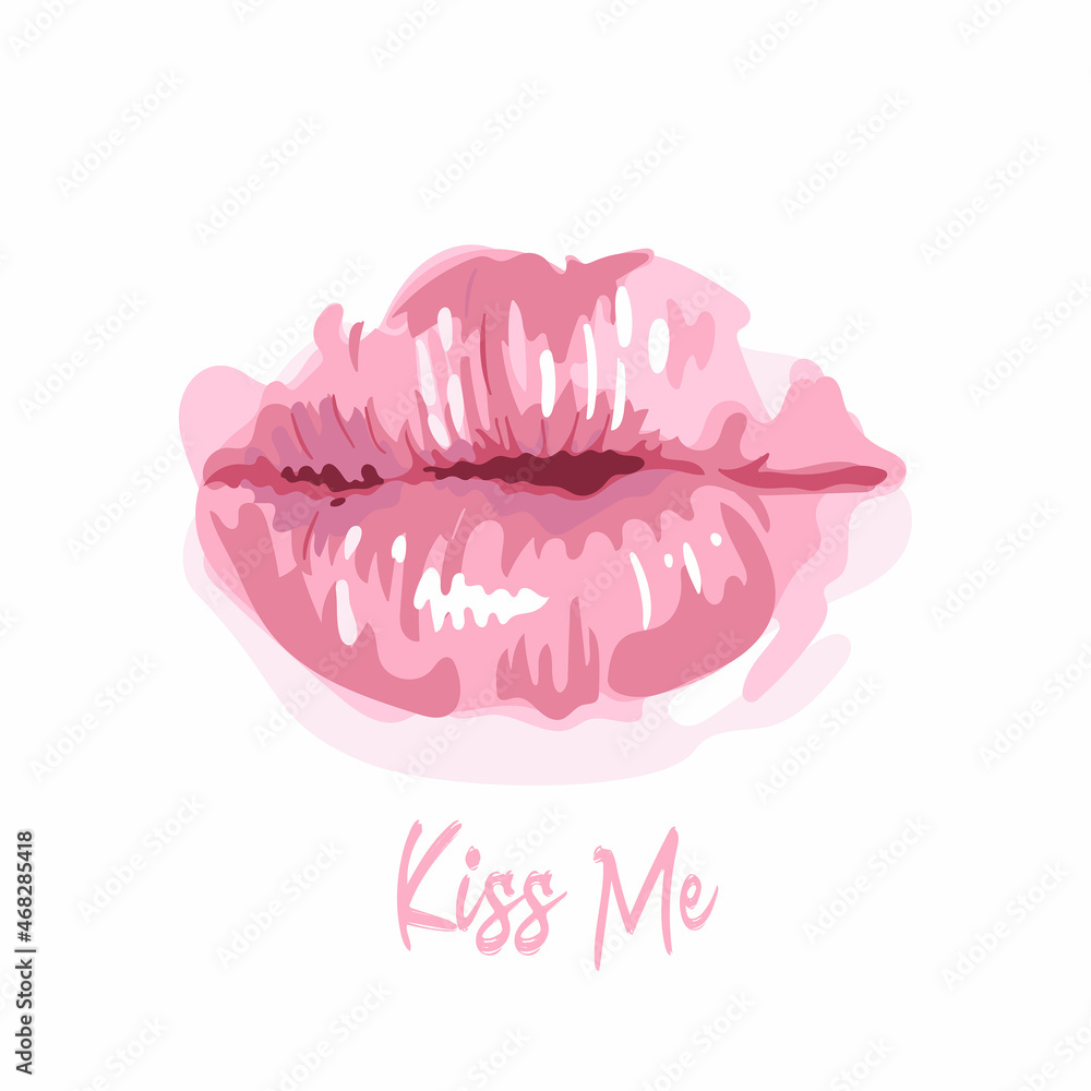 Vector illustration of tender pink lips, lettering kiss me. Valentines ...