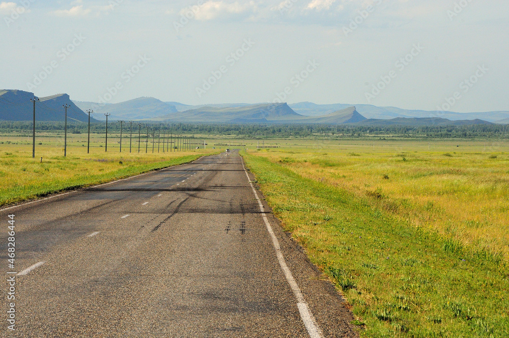 Straight two-lane asphalt road going through the endless steppe along ...