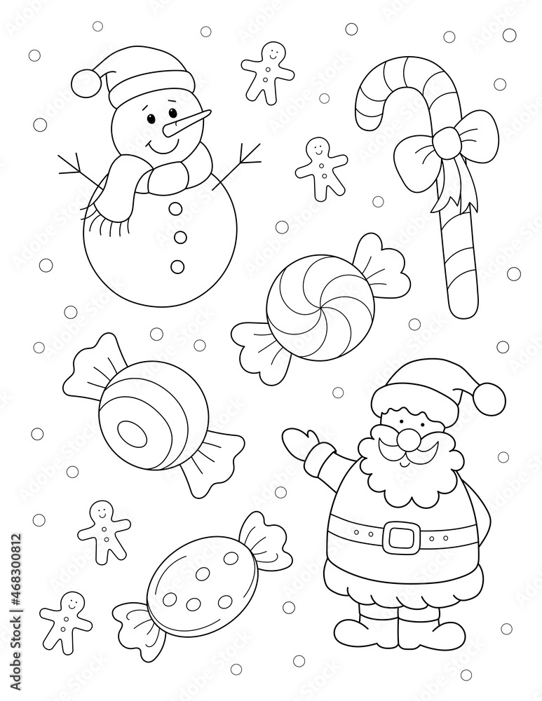 cute cartoon characters of a snowman and santa claus, many sweets and ...
