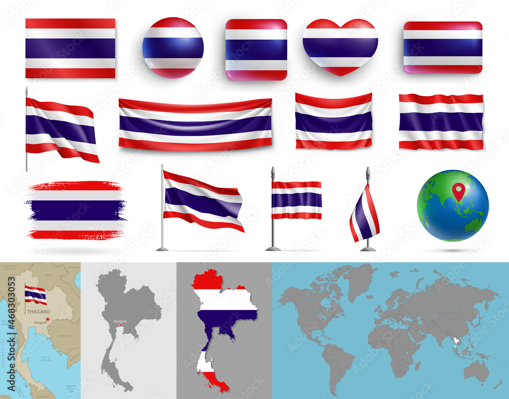 Thailand flags of various shapes and geographic map set. Kingdom of ...