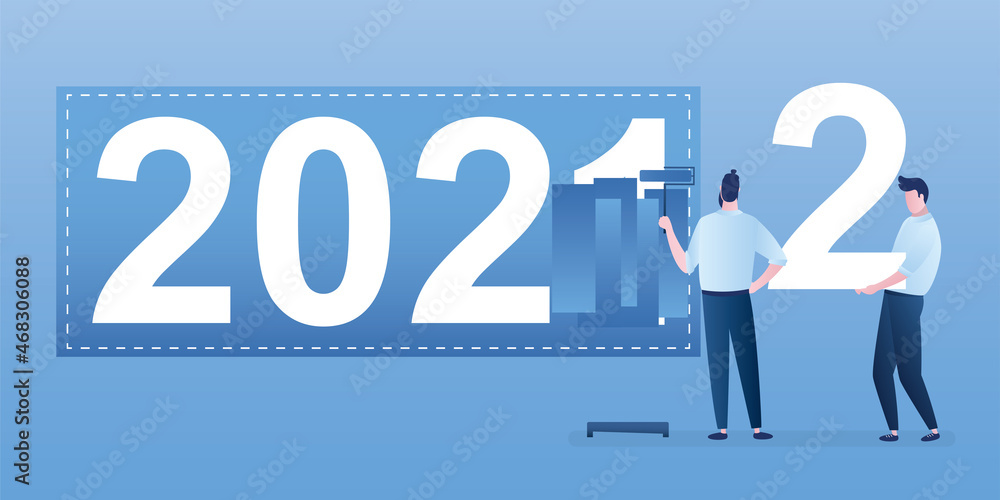 2021 End, 2022 new year, concept banner. Male worker paints over number ...