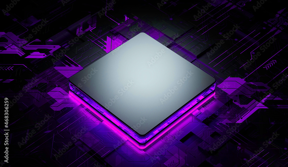 3D rendering of cyberpunk AI. Circuit board. Technology background ...