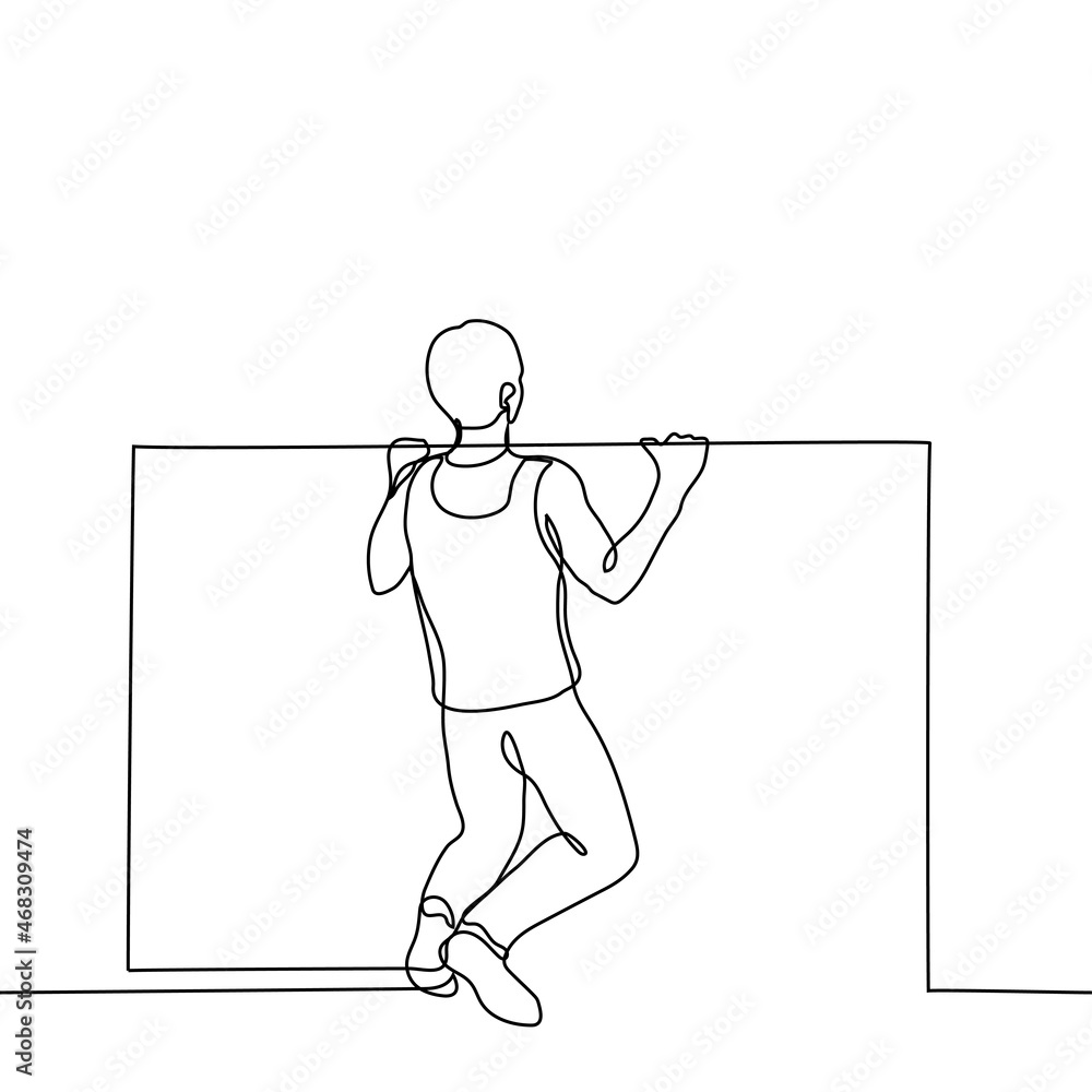 male athlete pulls himself up on the horizontal bar - one line drawing ...