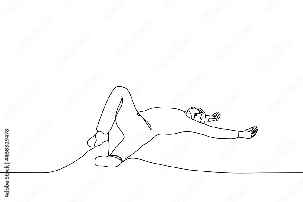 tired man lies on the floor with his knee bent - one line drawing ...