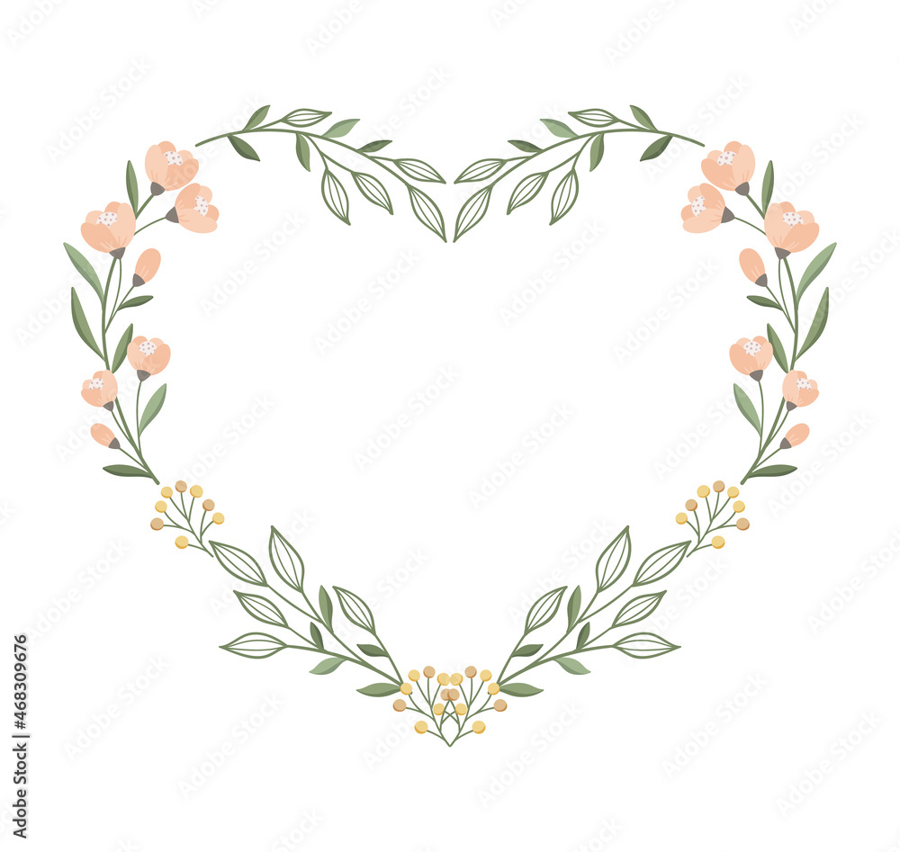 Floral heart frame. Decorative frame design with flowers, leaves, and ...