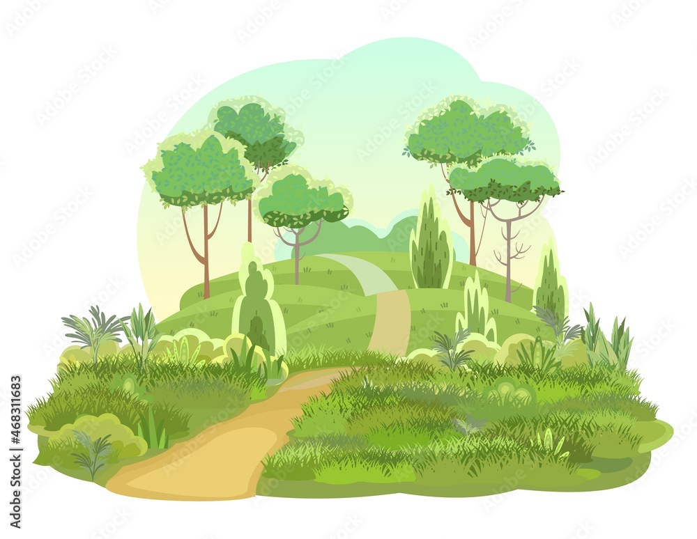 Road. Amusing beautiful forest landscape. Trail. Cartoon style. Leaves ...