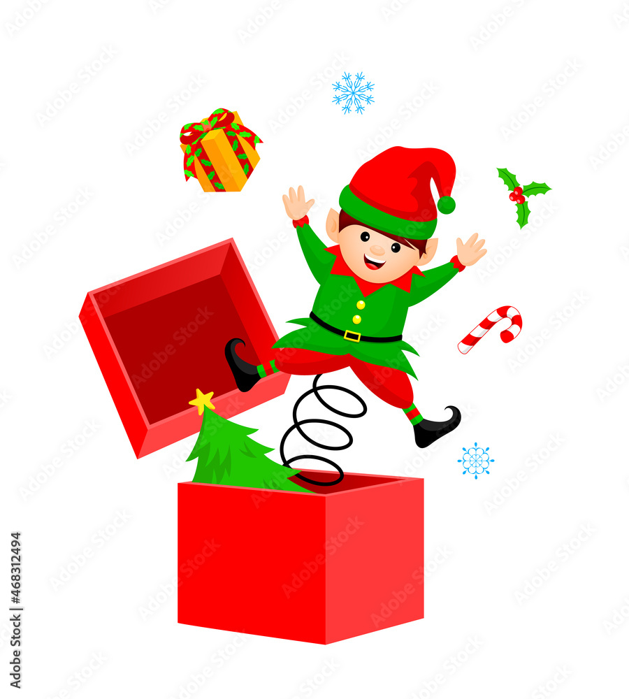 Cute cartoon character elf jumping out of the christmas gift box ...