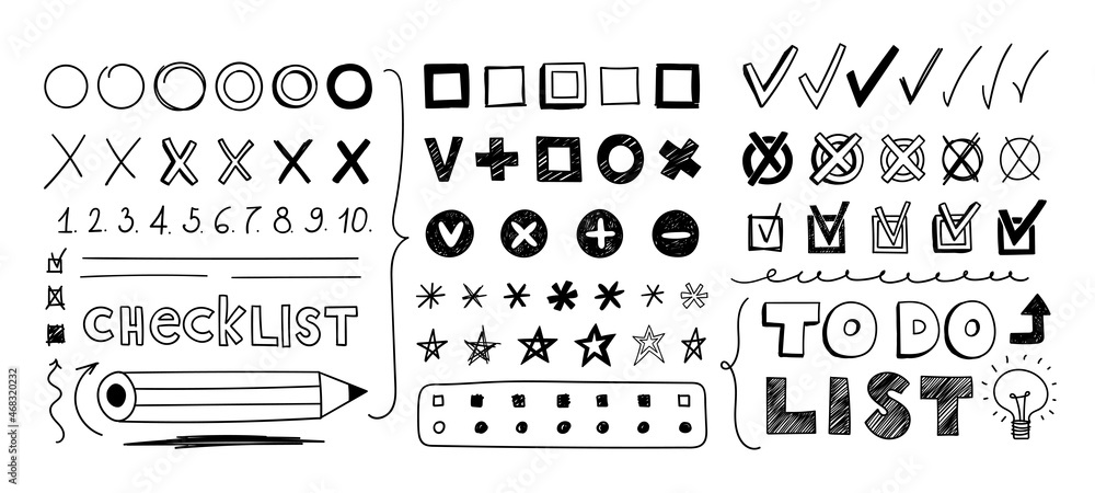 Check marks asterisks checkboxes. Set of doodle checklist, outline and ...