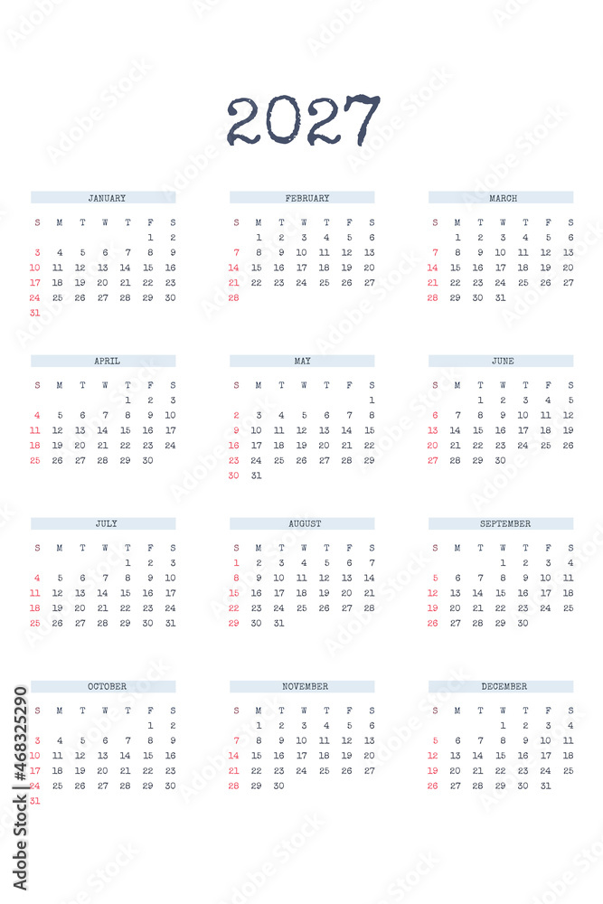 2027 calendar template in classic strict style with type written font ...