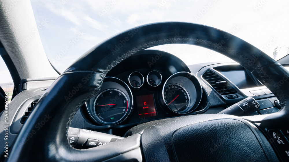 Speed background. Car dashboard panel with speedometer, tachometer ...