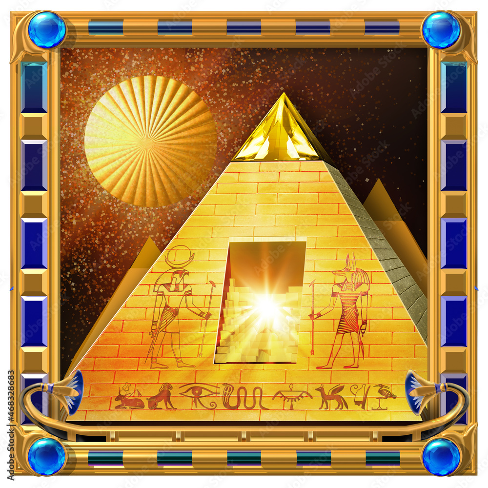 3D rendered illustration of an Egyptian themed pyramid surrounded by a ...