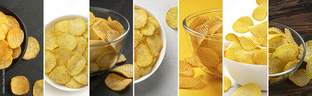 Potato chips collage, different types of crisps Stock Photo | Adobe Stock