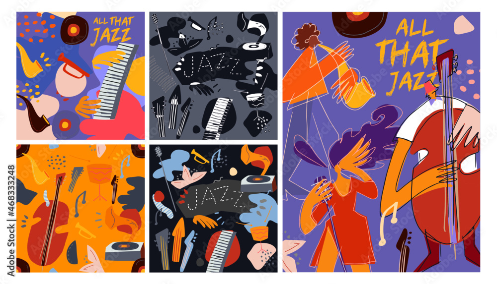 Colorful jazz festival musicians singers and musical instruments poster ...