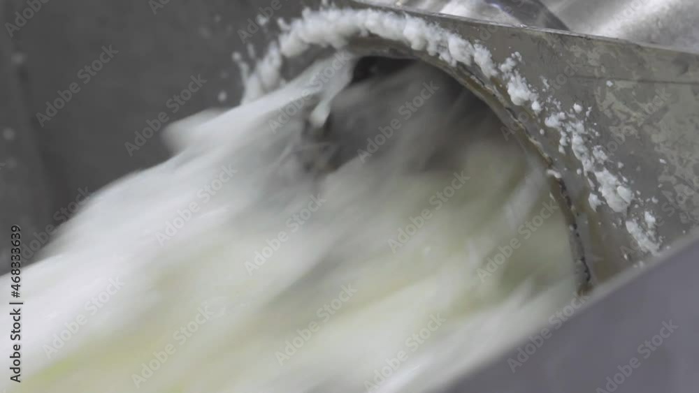 Processing Tube With Flowing Milky Whey Close-Up At Dairy Product ...