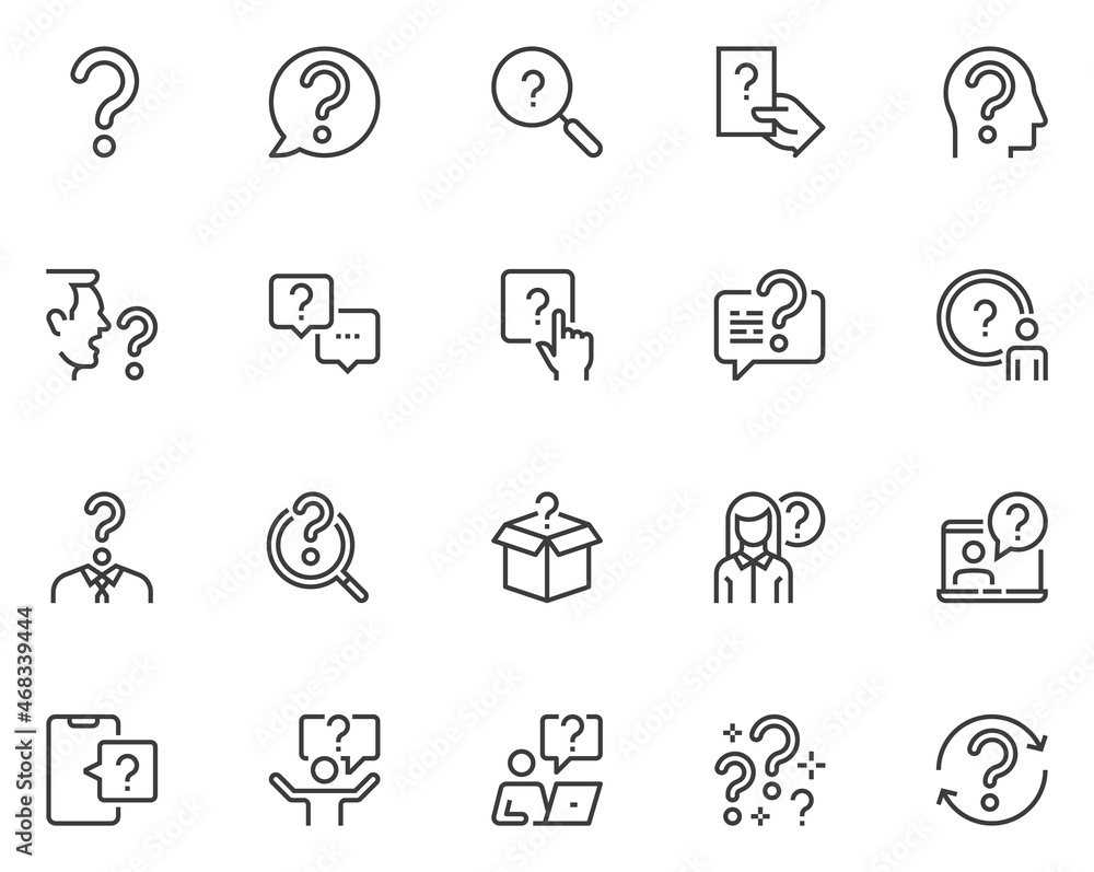 Set of Vector Line Icons Related to Question. Question Mark, Surprised ...