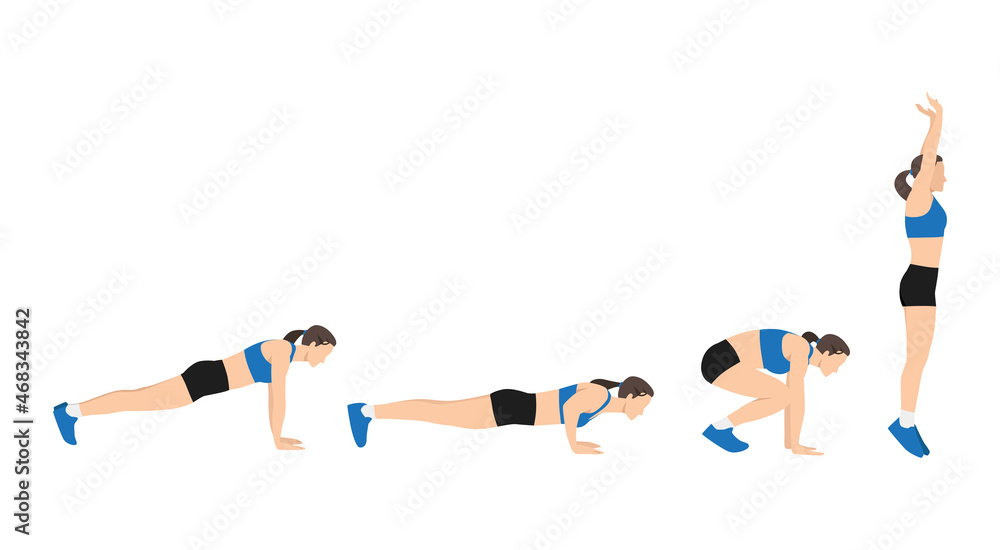 Woman doing Burpee with push up exercise. Flat vector illustration ...