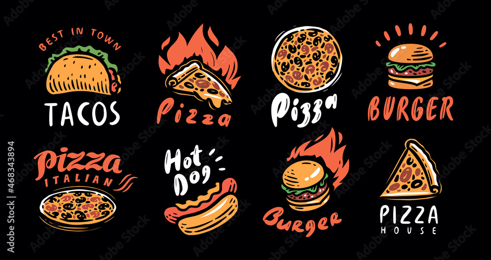 Food label set. Badges for restaurant or cafe menu. Pizza, burger, hot ...