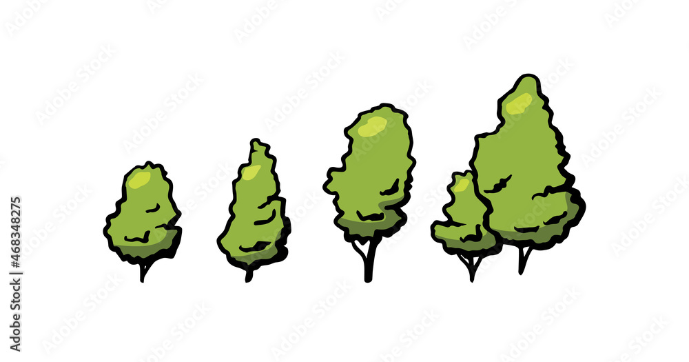 Tree vector hand drawn sketch Simple cartoon style Trees set with green ...