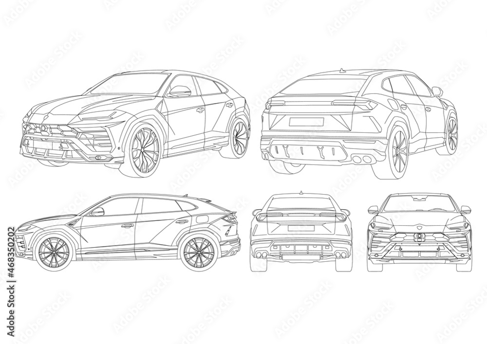 Vector editable drawing of a supercar crossover in all projections ...