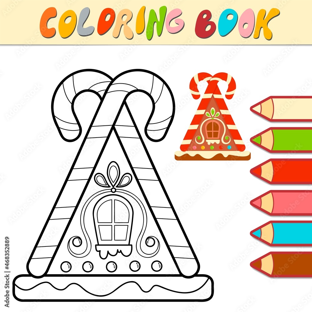 Coloring book or Coloring page for kids. Christmas Gingerbread house ...